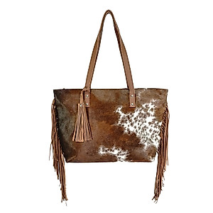 bonanza leathers Cowhide Shoulder Bag - Stylish Western Fringe Purse w/Zipper Closure - Durable Western Tote Bag & Leather Bag for Daily Use - Western Purse w/Unique Cowhide Pattern - Chocolate