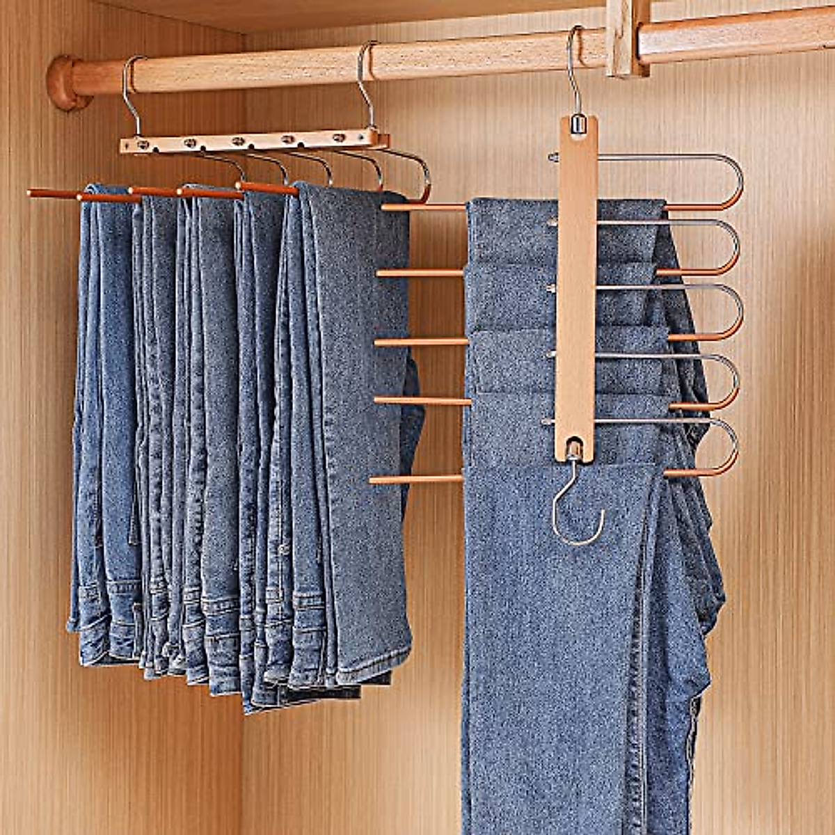 2 Pack - Pants Hanger Space Saving, Solid Wood Non-Slip Pants Hanger, Multifunctional 5 Layer Closet Pants Hanger for Closet Storage Pants Hanger