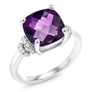 Gem Stone King 3.74 Cttw Amethyst Engagement Ring For Women In 925 Sterling Silver | Cushion Checkerboard 10MM | Gemstone Birthstone | Available In Size 5, 6, 7, 8, 9