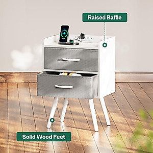 Huuger Night Stand with Charger Station, Nightstand with Drawers, Bedside Table, End Table with Solid Wood Feet, White Nightstand, Side Tables for Bedroom