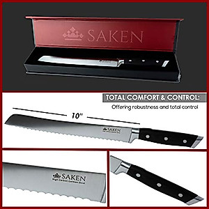 Saken Serrated Bread Knife 10 Inch - High-Carbon German Steel Serrated Knife with Ergonomic Black Pakkawood Handle and Full-Tang Design - Long Bread Knife Slicer Great for sourdough