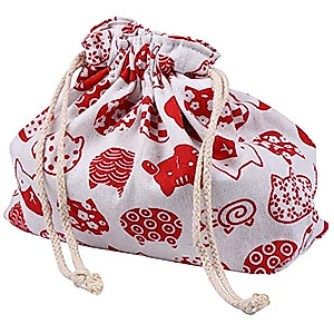 NUOBESTY Lunch Box Pouch with Drawstring Japanese Portable for Bento Boxes Tote Bag Picnic Office Outdoor Lunch Storage Handy Bags Cat Printed Red