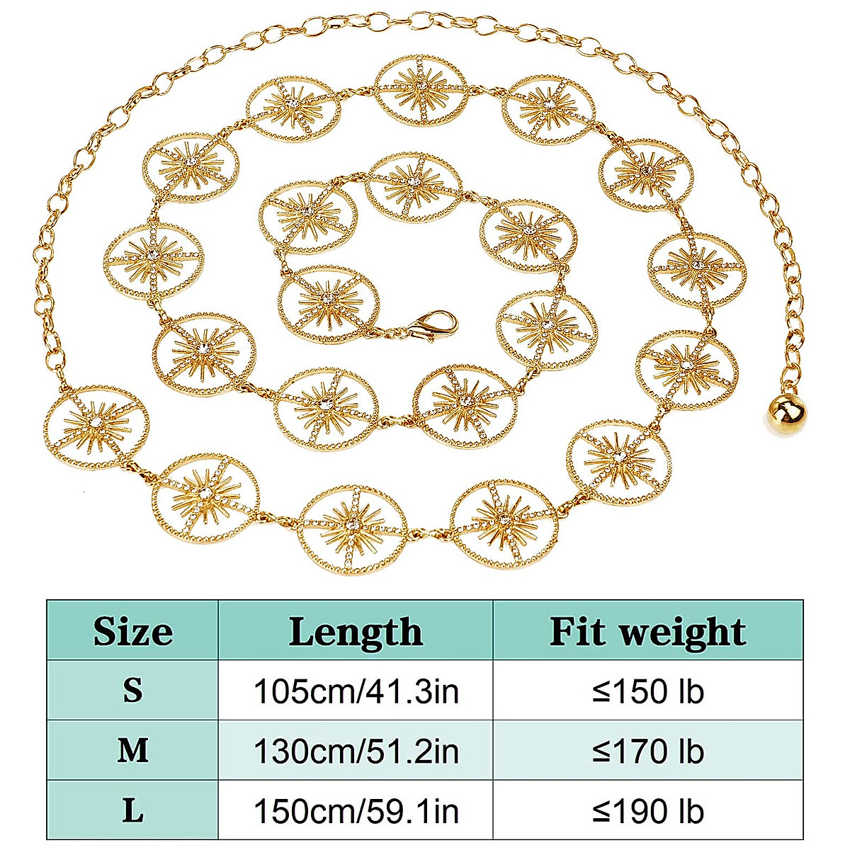 Glamorstar Chain Belts for Women Hollow Metal Waist Chain Belts Dress Belt for Her Circle Crystal Compass Gold 150CM