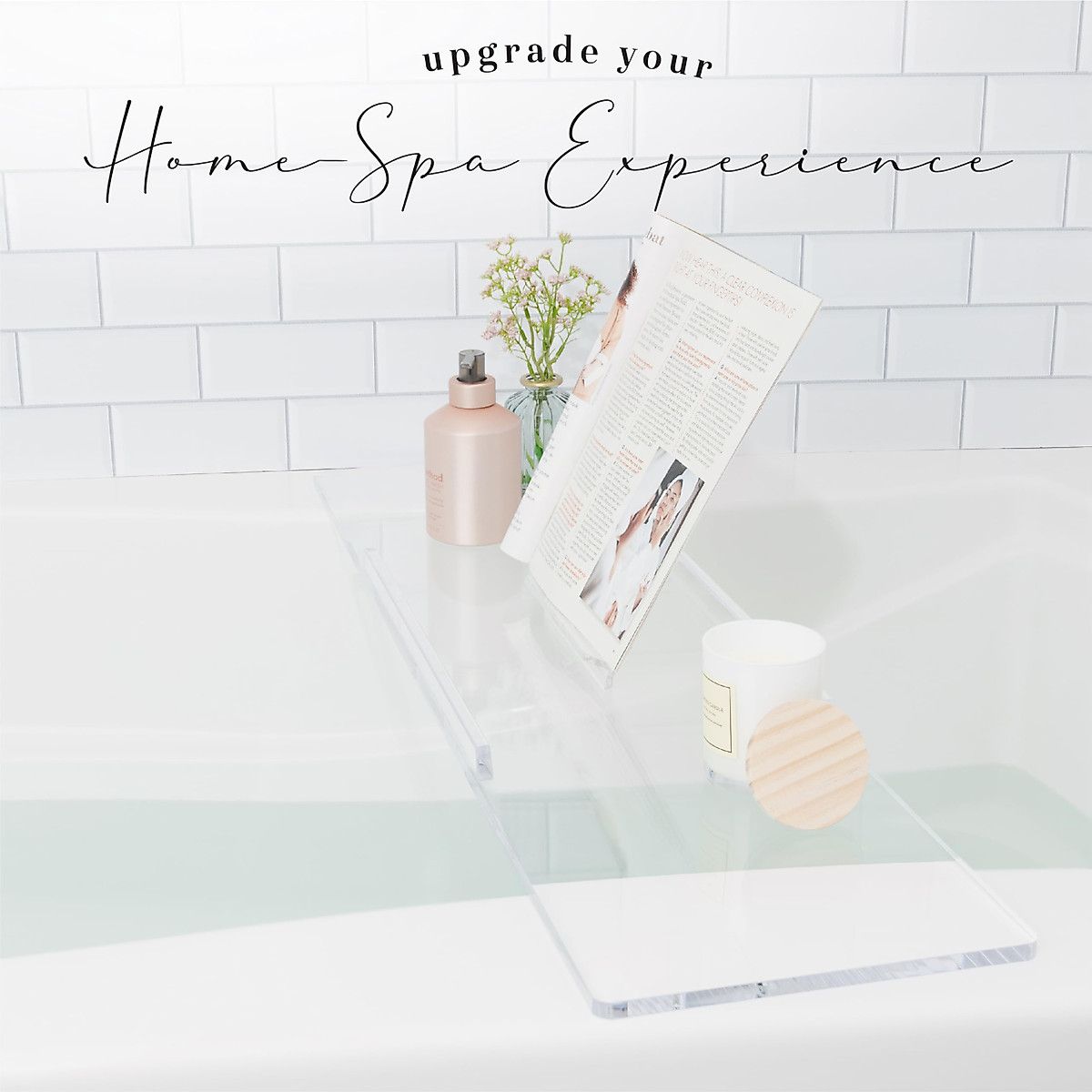 Rebecca Luxurious Bath, 32" Classic- Clear Bathtub Tray Caddy Tub Shelf, Spa Board Luxury Bathroom Bath tub Table, Waterproof Acrylic Tub Caddy Fits Across Bathtub, Book Rack, iPad, Easy To Clean(32")