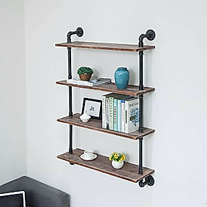 Industrial Pipe Shelving Bookshelf Rustic Modern Wood Ladder Storage Shelf Retro Wall Mount Pipe Design DIY Shelving (24in, 4 Layers)