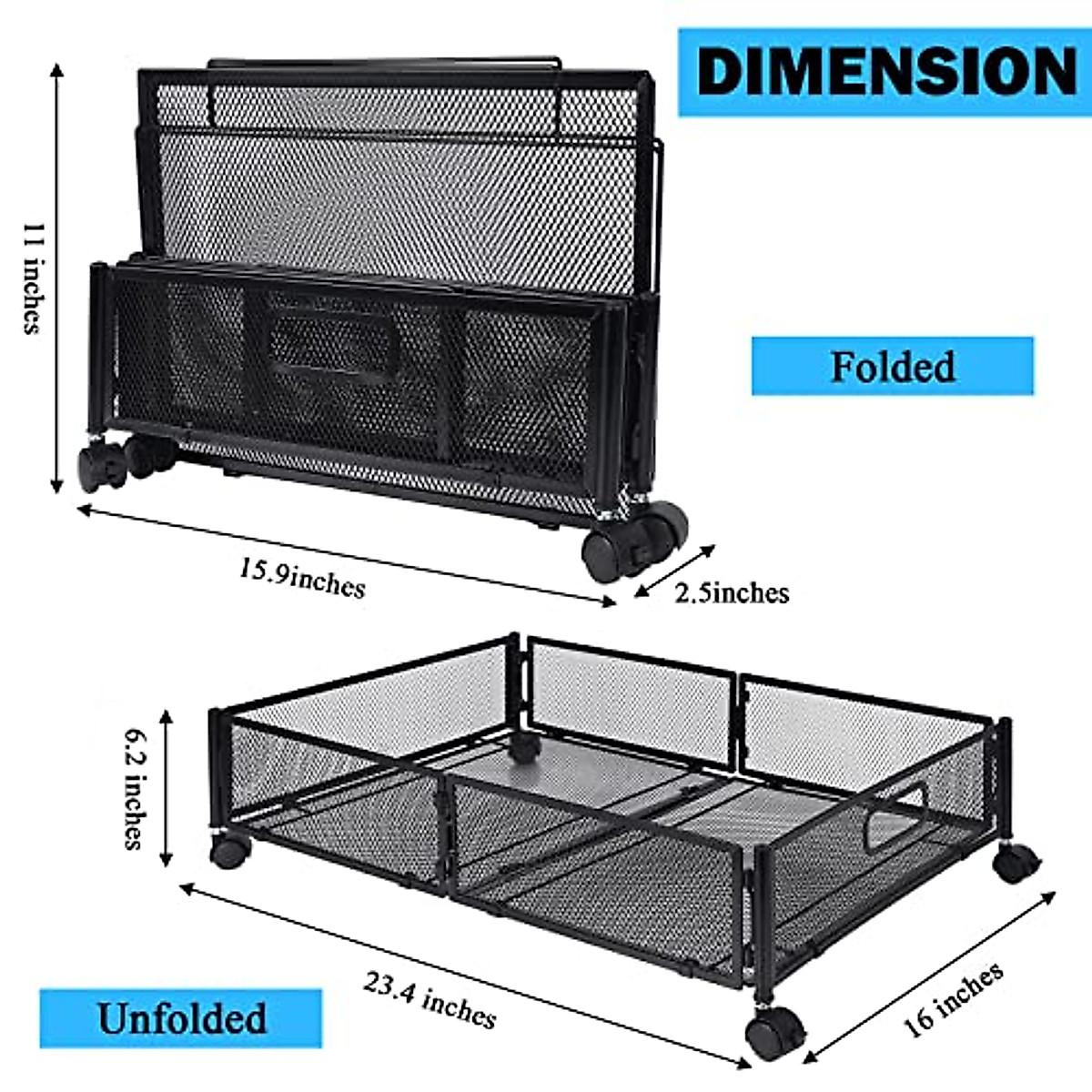 Under Bed Storage with Wheels, 2 Pack Foldable Under Bed Shoe Storage Containers Drawer Underbed Rolling Storage Organizer for Clothes Toys Shoes