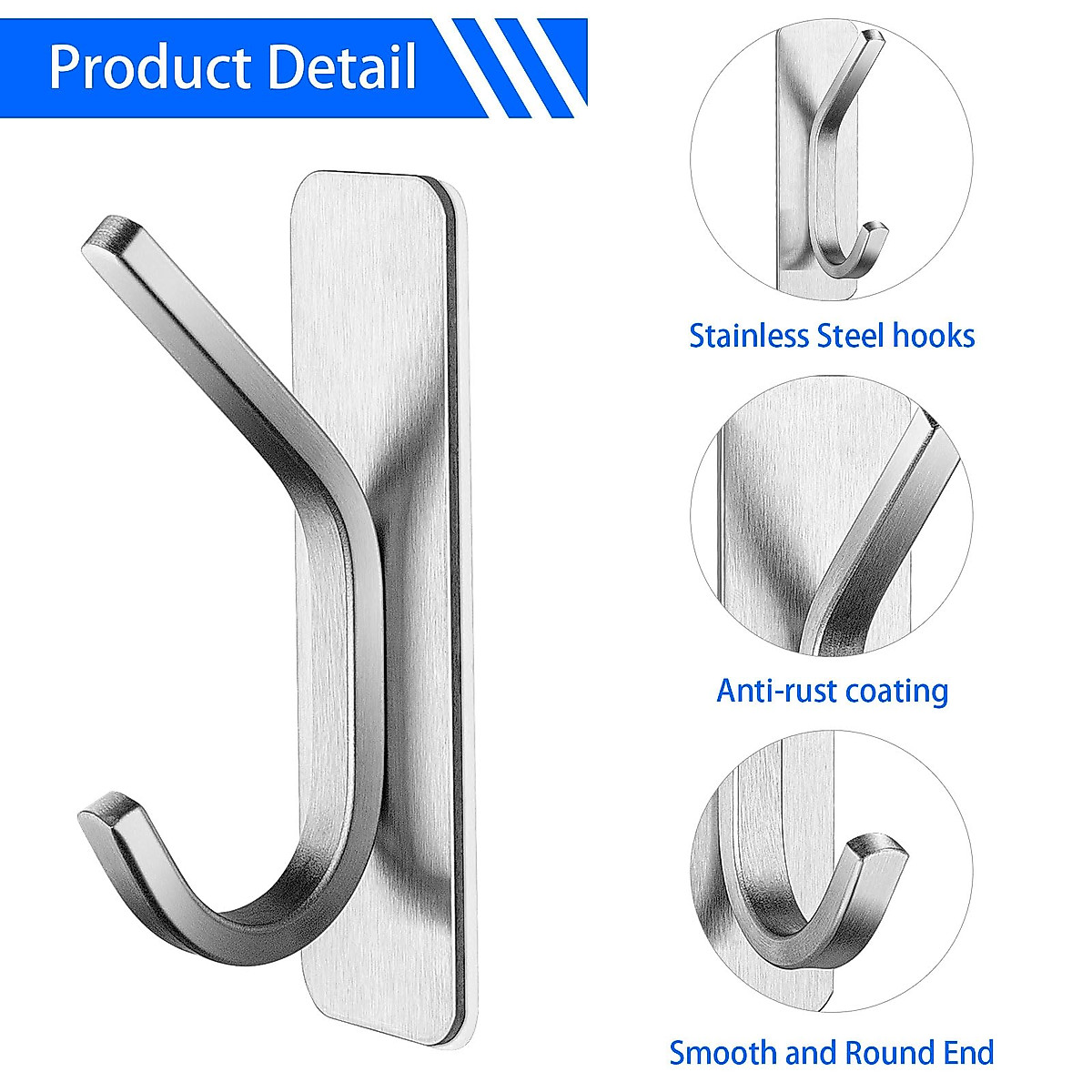 2 Pack Self Adhesive Hooks,Towel Hooks for Bathroom, Heavy Duty Adhesive Hooks,Shower Hooks for Inside Shower,Stainless Steel Wall Hooks for Coat,Robe and Towels, Stick On Bathroom and Kitchen,Sliver