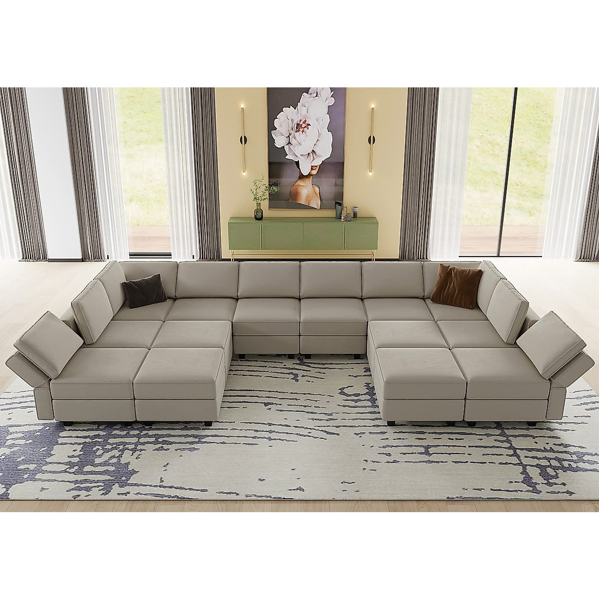 Belffin Oversized Modular sectional Sofa with Double Chaises U Shaped Sectional Sleeper Sofa Couch Reversible Sectional Sofa with Storage Velvet Grey