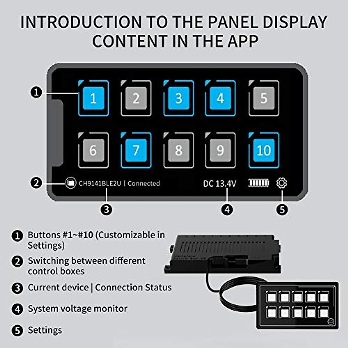 Control Switch Panel, Universal 10P Membrane Control Switch Panel Bluetooth APP Control with Backlight Module LED Touch Built‑in PPTC for RV Boat
