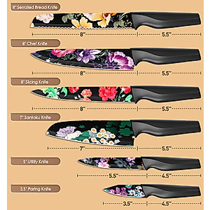 Astercook Knife Set, 12-Piece Flower Kitchen Knives Sets with Blade Guards, Dishwasher Safe, German High Carbon Stainless Steel, Perfect Gifts for Kitchen
