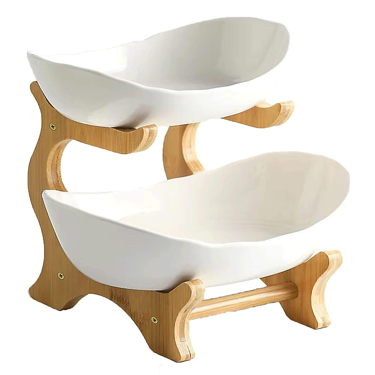 KOXAME 2 Tire Fruit Bowl, Large Fruit Basket for Kitchen Counter, Ceramic Berry Basket with Bamboo Stand, Use for Fruit and Vegetable Storage, Snacks Desserts Nuts Bread Candy Tray Holder, White