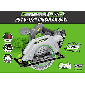 Genesis G20MAX 20V Cordless Circular Saw 6-1/2 inch with Laser & LED Light, Includes 24TCT thin-kerf blade, 2.0Ah Battery and Charger, 2 Year Warranty (GLCS2065B)