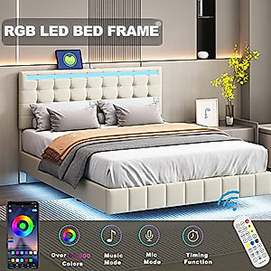 SIYSNKSI Modern Queen Upholstered Platform Bed with LED Lights, Floating Bed Frame with USB Charging and Headboard, Upholstered Platform Bed Frame for Kids Teens Adult Bedroom (Beige-055)