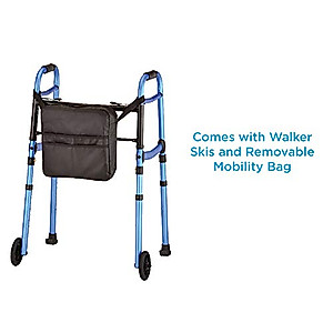 NOVA Medical Products Folding Walker with 5” Front Wheels, Glide Skis and Mobility Bag, Portable and Great for Travel, Blue
