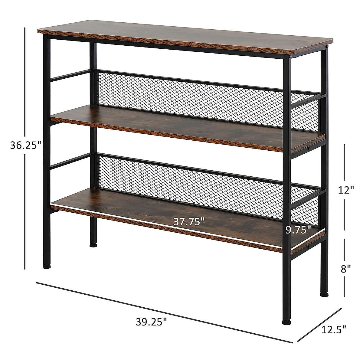 HOMCOM 3-Tier Console Table Industrial Style Storage Metal Wooden Shelf with a Robust Multi-Functional Design & Adjustable Feet, Black