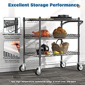 Leteuke 3 Tier Rolling Carts with Wheels,990Lbs Heavy Duty Rolling Utility Cart,NSF Commercial Grade Metal Cart with Handle&Shelf Liner,Trolley Serving Cart for Kitchen,Restaurant,Plant Display,Black