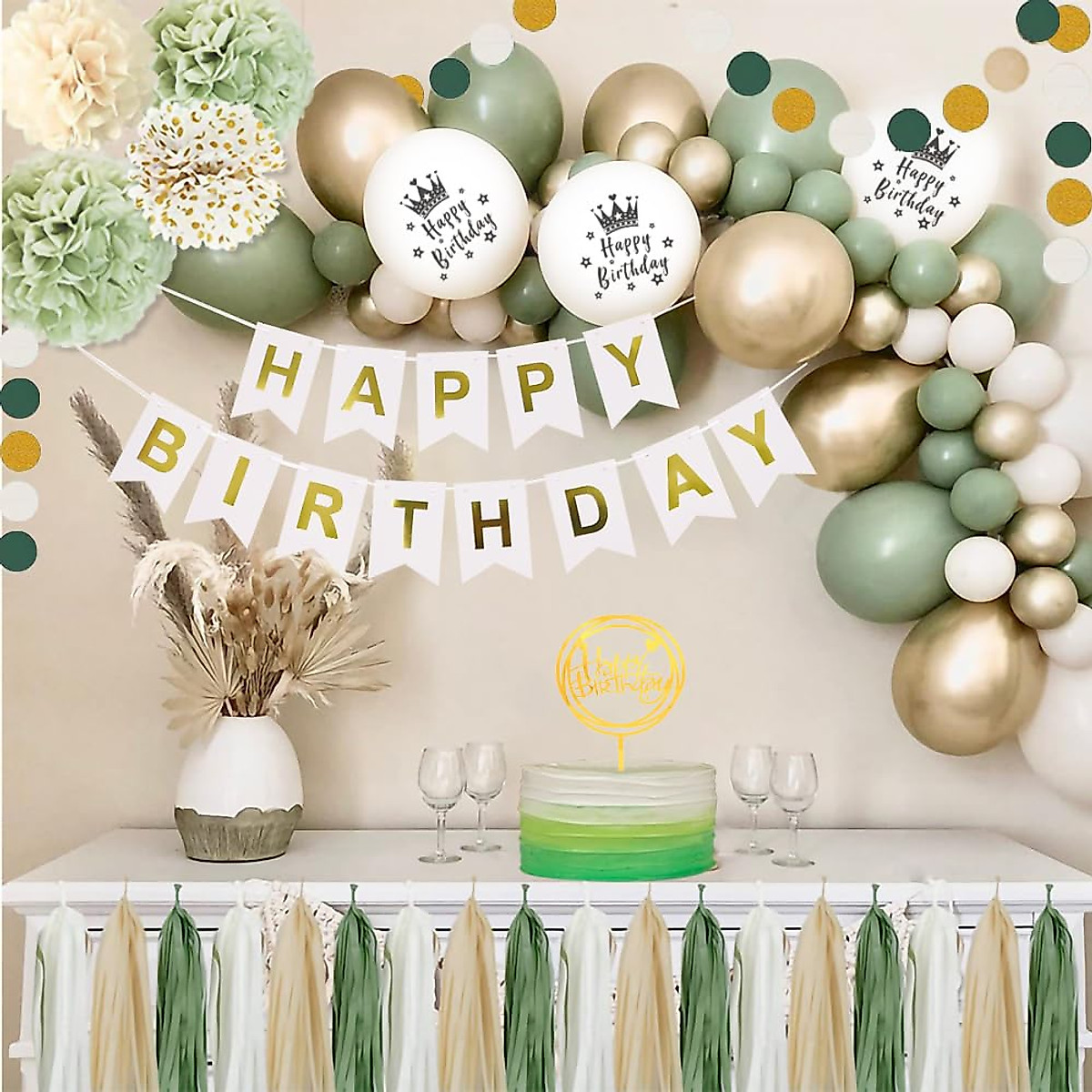 Sage Green Birthday Decorations, Olive Green and White Gold Party Balloons, Happy Birthday Banner, Sash, Circle Dots Garland, Pompoms, Paper Tassels for Women Men Girls Boys Birthday Decor