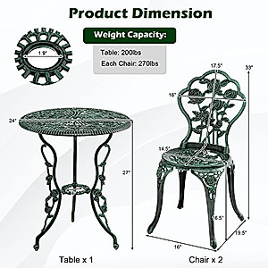 Giantex 3 Piece Bistro Set Cast Aluminum Rose Design Antique Outdoor Patio Furniture Weather Resistant Garden Round Table and Chairs w/Umbrella Hole (Rose Design)