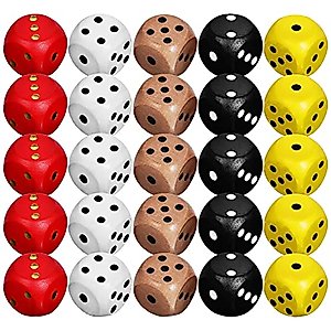 NUOBESTY 25pcs 16mm Game Dice Set, 6 Sided Dice 5 Colors Rounded Corner Dot Dice Wooden Standard Game Dice for Classroom Math Teaching Board Games