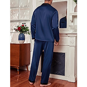 Ekouaer Men's Silk Pajama Set Long Satin Loungewear 2 Piece Pjs Classic Button Down Sleepwear Navy Blue