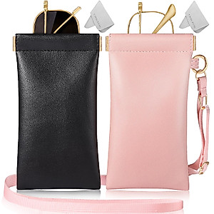 CHICECO Squeeze Top Sunglass Case-Portable Eyeglass Pouch with Adjustable Lanyard Soft Leather Glasses Case 2 Pack