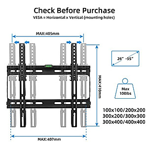 Suptek Tilt TV Wall Mount Bracket for Most 26-55 inch LED, LCD and Plasma TV, Mount with Max 400x400mm VESA and 100lbs Loading Capacity, Fits Studs 16" Apart, Low Profile with Bubble Level (MT4204),