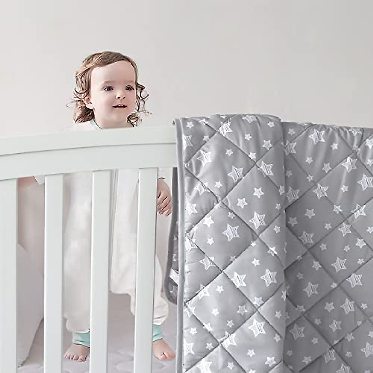 Toddler Bed Blanket for Boys Lightweight, Toddler Comforter Quilted Warm Blanket with Grey Star Print, Ultra Soft and Comfortable Baby Comforter Down Alternative Crib Comforter, 39x47 Inches