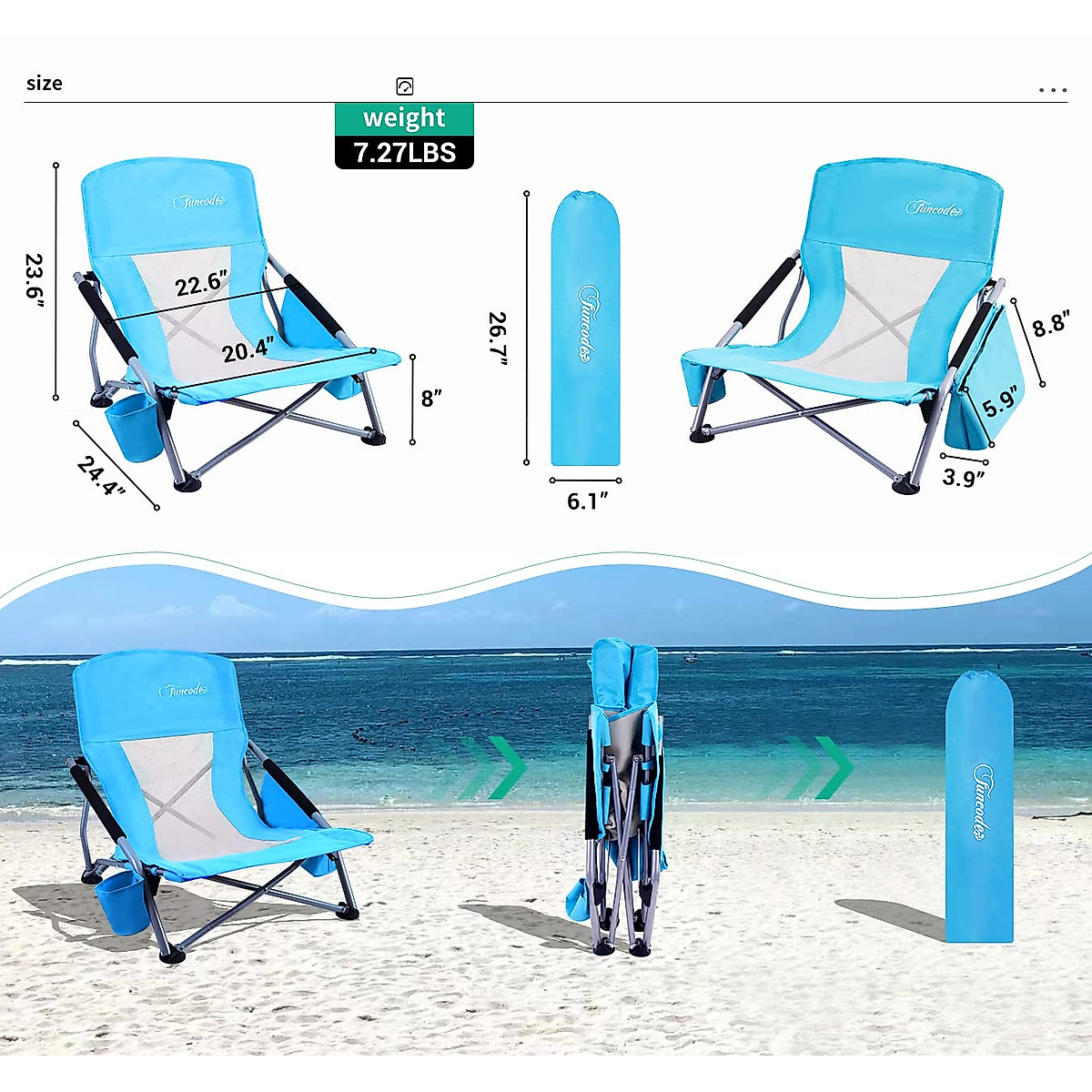 Funcode Low Beach Camping Folding Chair with Cooler bag,Heavy Duty Portable Chair with Carry Bag for Camping, Beach, Picnic, Barbeques, Sporting Event.(BLUE-2)