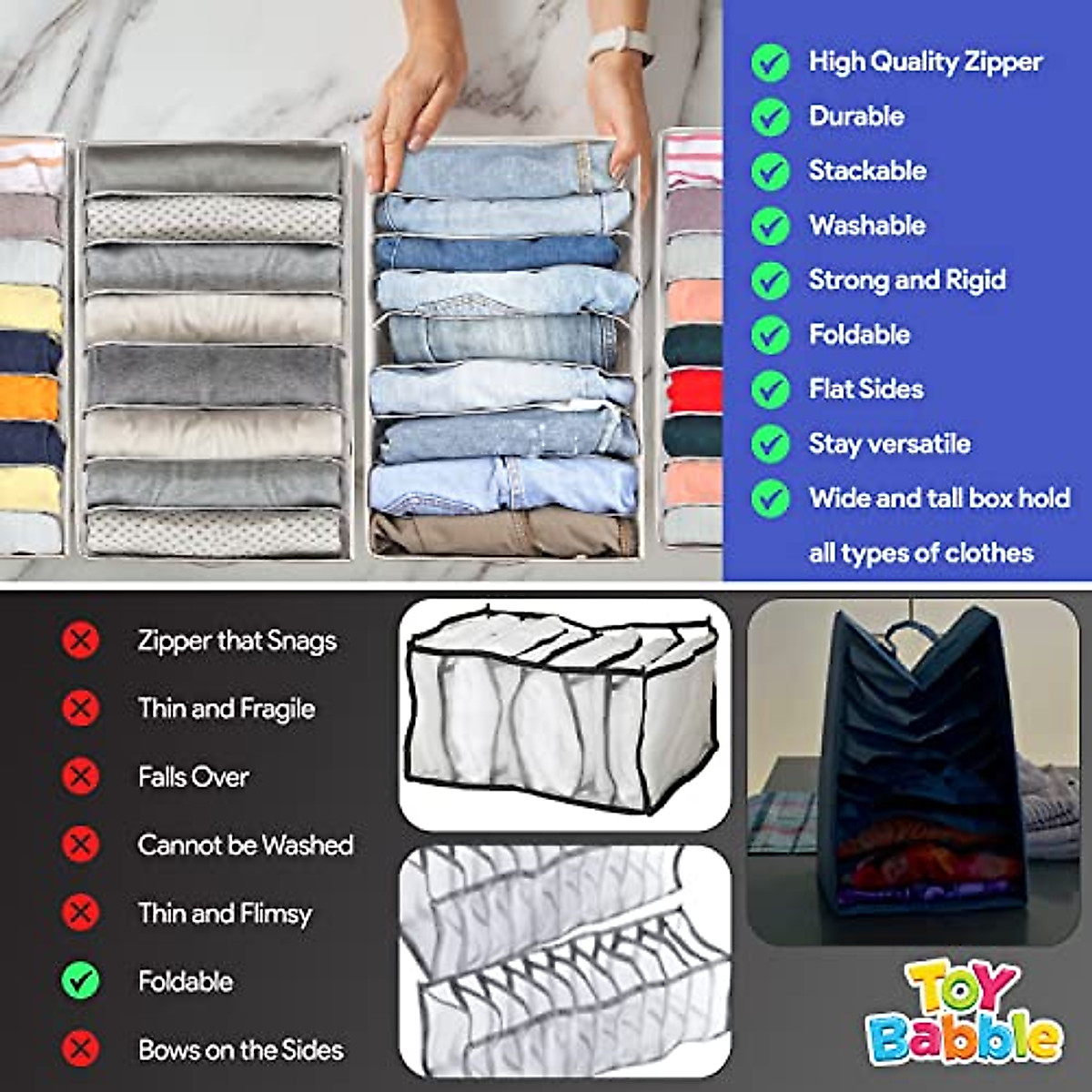 Clothes Organizer for Folded Clothes - Extra Large 9 Grids, Premium Upgraded Wardrobe Clothes Organizer with Handles, Pants organizer for closet. Foldable Jeans Organizer for Closet, tshirt organizer.