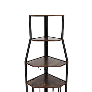HAPPCUCOE 5 Tier Freestanding Corner Wine Rack,Kitchen Corner Shelf with Glass Holder,Storage Shelf,Storage Organizer for Home Kitchen Dining Room (Brown)