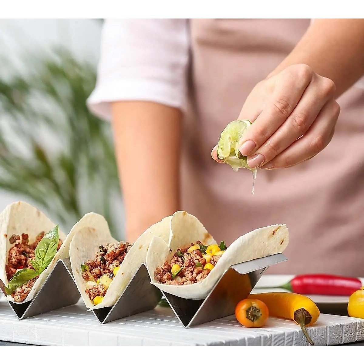 Taco Holders Set of 4 - Premium Large Taco Shells Plates Holds Up to 3 or 2 Tacos Each, Stainless Steel Very Hard and Sturdy, Dishwasher & Oven Safe