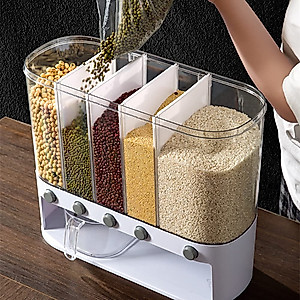 DAOGUAN Rice Dispenser 5-Grid Wall Mounted Dry Food Storage Container Grain Storage Tank 12L Food Dispenser Rice Bucket with Lid Kitchen Container for Rice Grain Nuts Beans,White,155736Y87TKPHCRM9