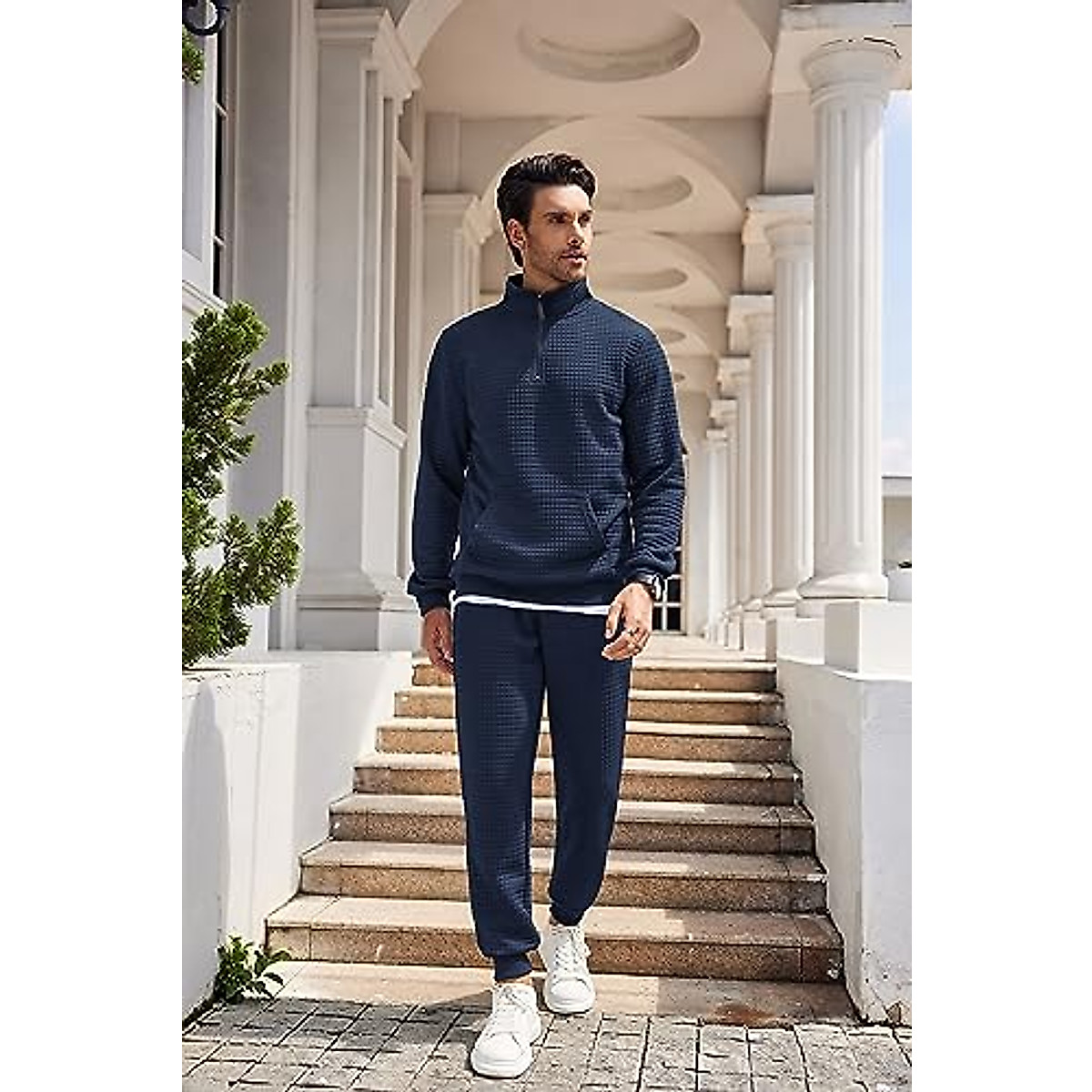 COOFANDY Men's Tracksuit 2 Piece Quarter Zip Sweatsuit Workout Plaid Jacquard Jogging Suit Set