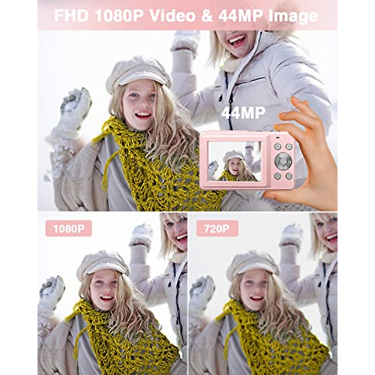 Digital Camera for Kids, Lecran 1080P 44MP Kids Camera with 32GB Card Point and Shoot Camera with 16X Zoom, Compact Portable Cameras Christmas Birthday Gift for Children Kids Teens Girl Boy(Pink)