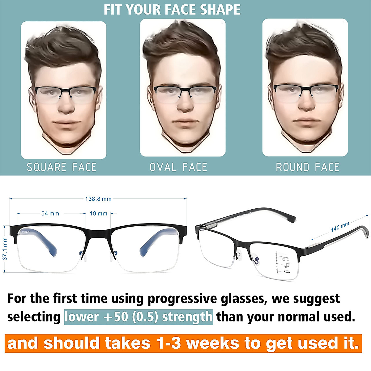 Multifocus Reading Glasses Men Progressive Multifocal Blue Light Computer Reader Half Frame Metal Extra Wide Eyeglasses No Line Bifocals Large Designer Cheaters Transition Square Eyewear 2packs 1.50