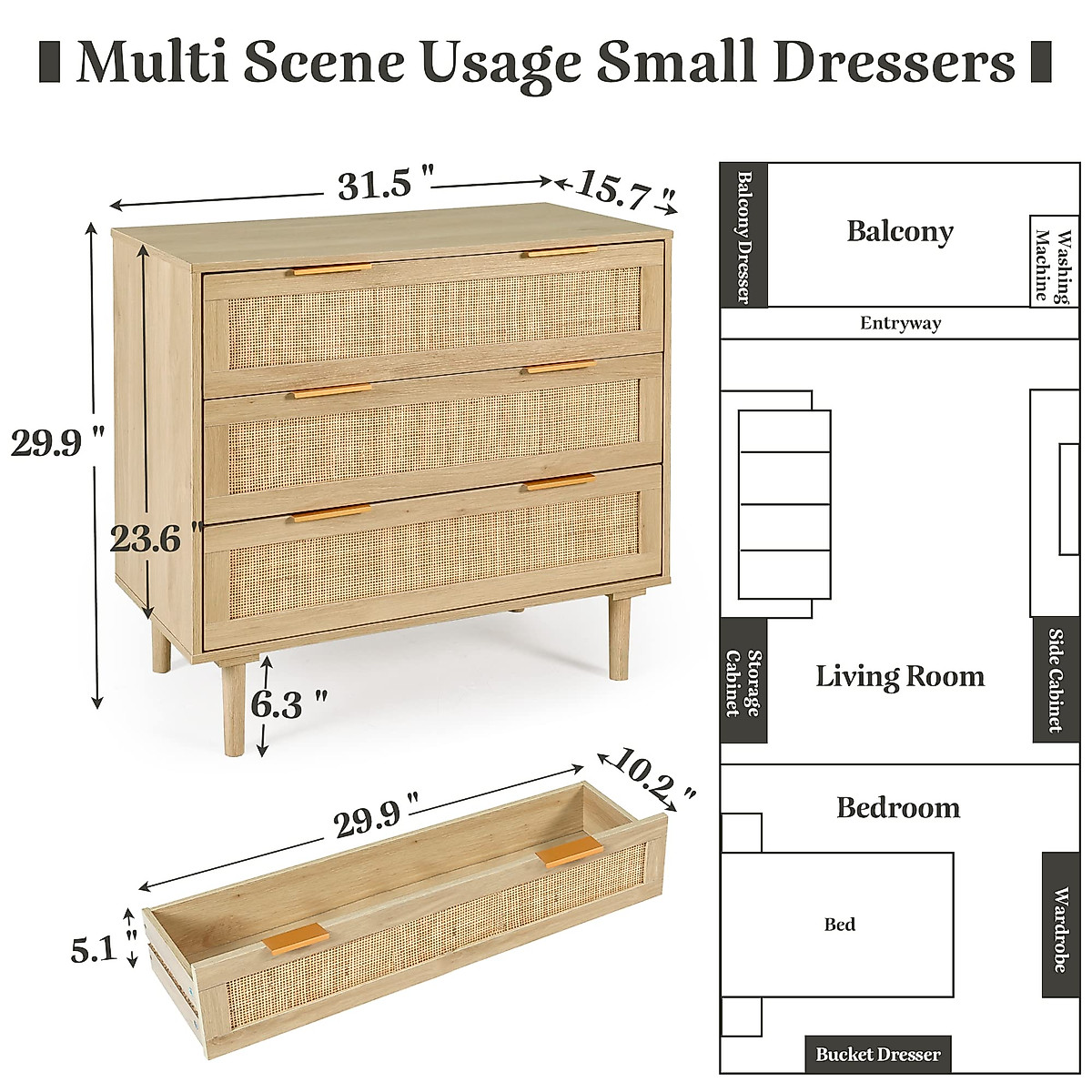 HOPUBUY 3 Drawer Dresser for Bedroom, Oak Rattan Dresser Closet Dressers Chest of Drawers, Light Wood Dresser 3 Drawer Storage Chest for Bedroom, Hallway, Living Room