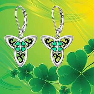 St Patricks Day Earrings Shamrock Earrings for Women Sterling Silver Celtic Knot Green Four Leaf Clover Earrings triangle Jewelry Friendship Irish Birthday Gifts