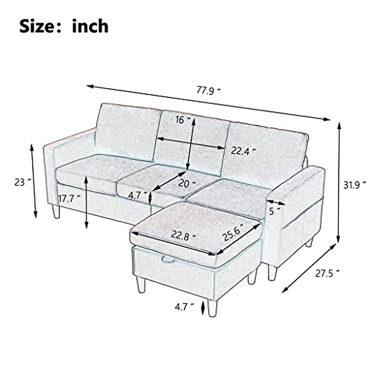 sgzyl Convertible Sectional Sofa with Two Pillows，Living Room L-Shape 3-Seater Upholstered Couch for Small Space