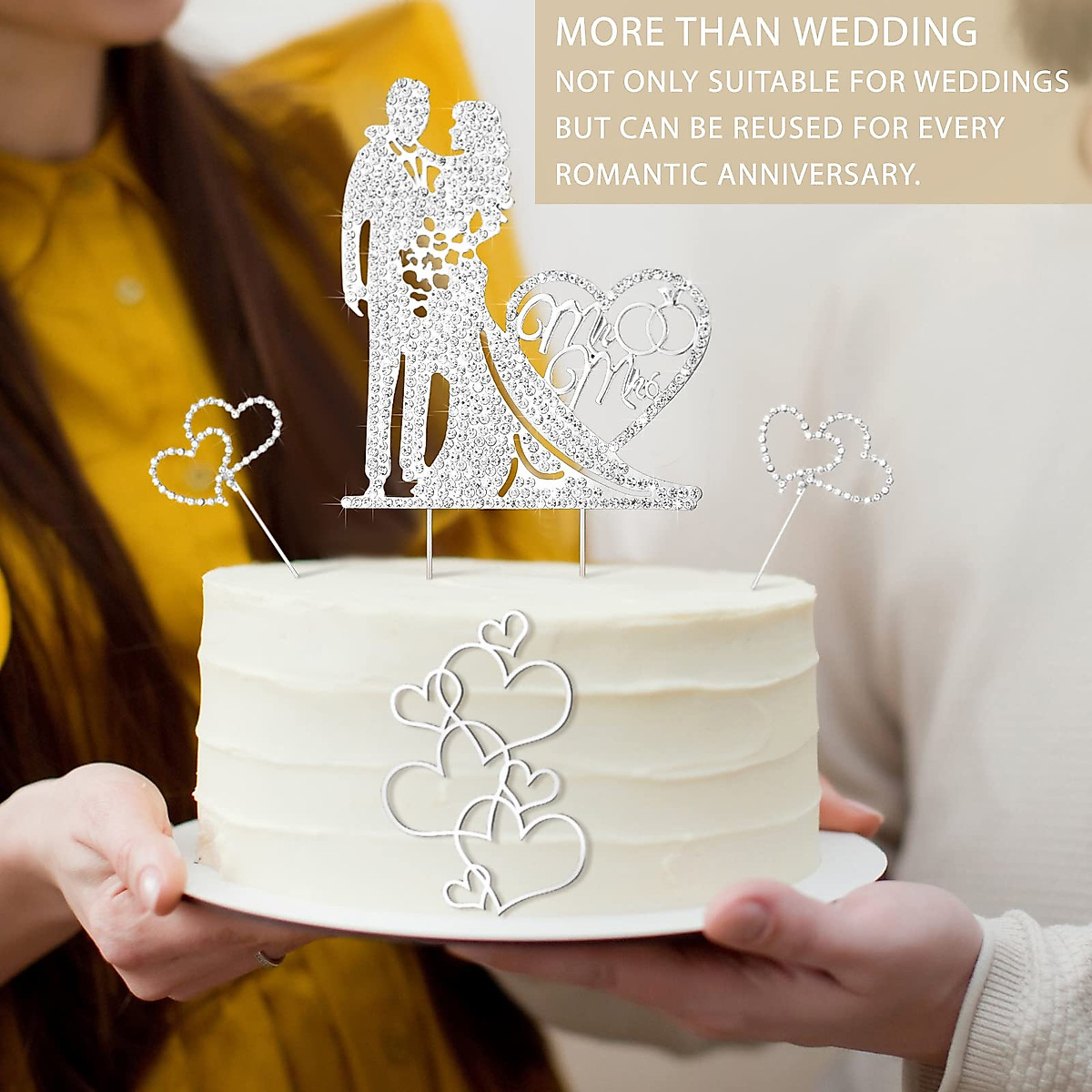 Spiareal 4 Pcs Wedding Cake Topper Mr and Mrs Rhinestone Bride and Groom Love Cake Topper Metal Happy Engagement Anniversary Cake Topper Wedding Party Cake Decor Cake Topper for Bridal Shower(Silver)