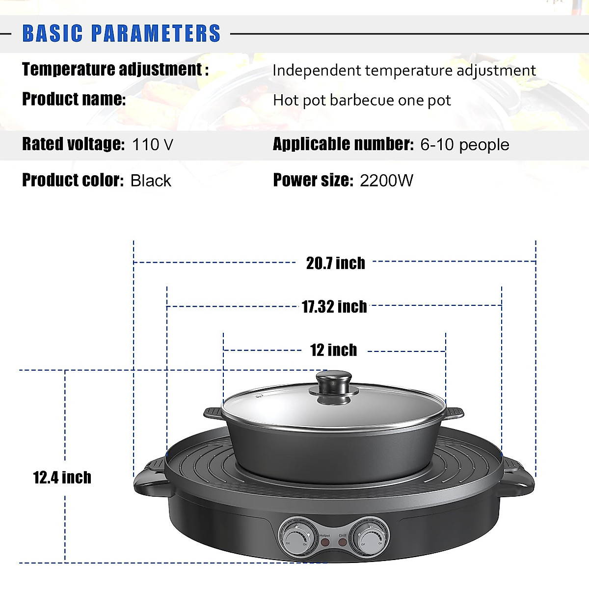 2 in 1 Electric Grill Pan and Hot Pot with Free Clips,Brushes,soup & colander ladle,2200W Dual Temperature Control Korean Shabu Shabu,Non Stick Coating, Smokeless, Split Easy Cleaning.【Black】