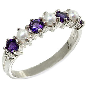 925 Sterling Silver Cultured Pearl & Amethyst Womens Anniversary Ring - Size 8
