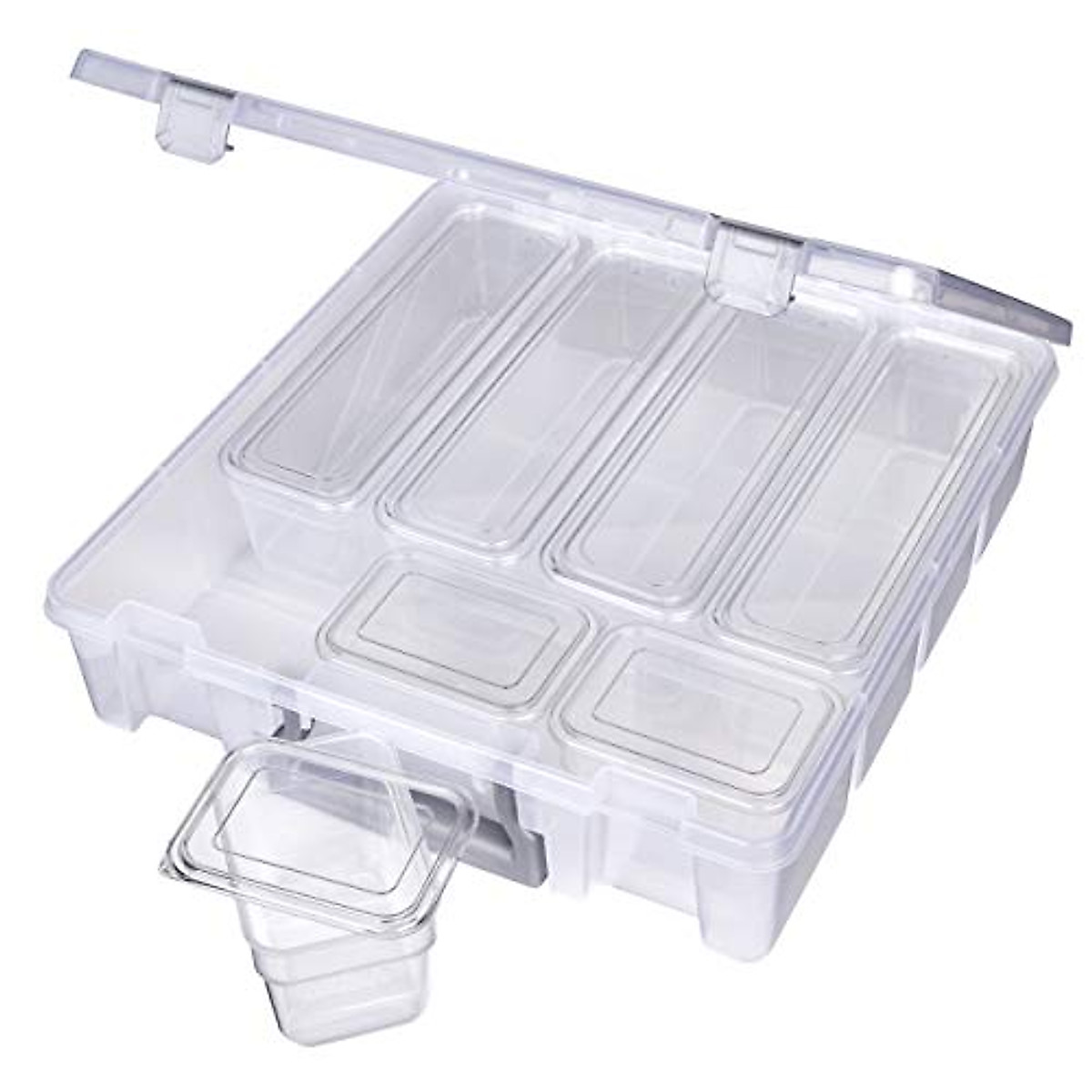 AB Designs 6967ABD Super Satchel with 9 Mixed Bins Inside Stackable Home Storage Organization Container, Clear with Sliver Latches and Handle, w/Long