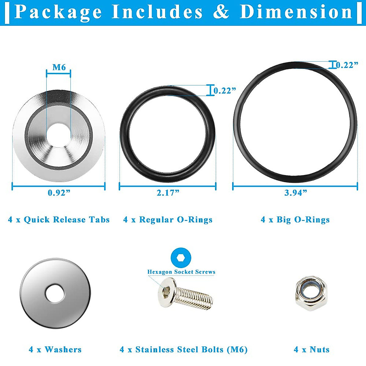 AeroBon JDM Bumper Quick Release Kit with 8 Pieces Replacement O-Ring (4 Regular + 4 Big) (Silver)