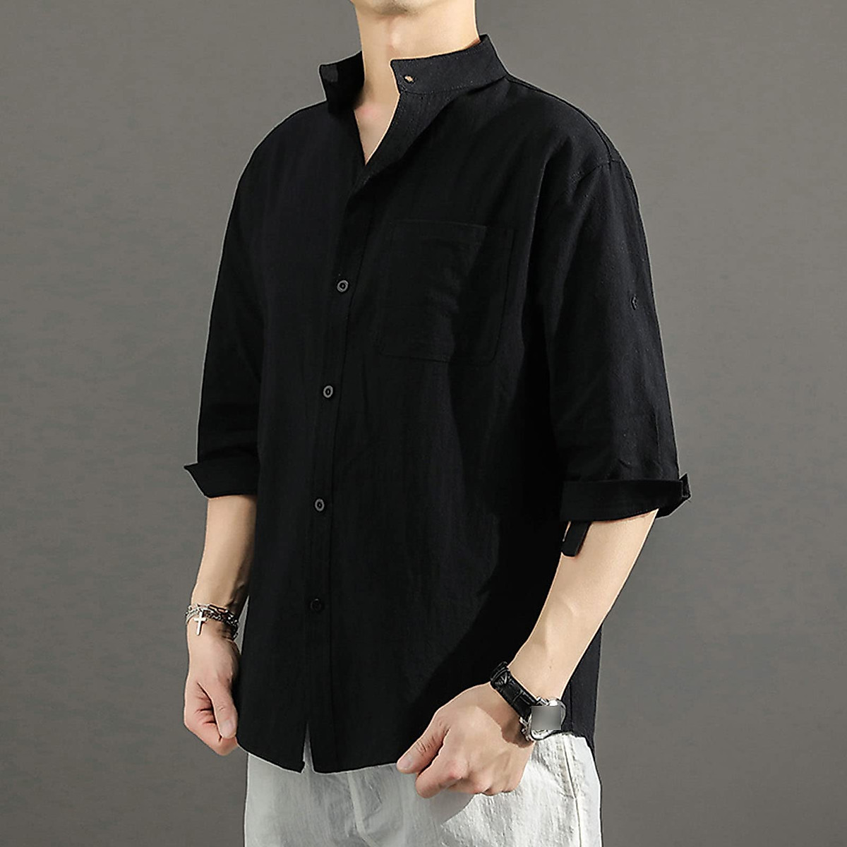 Men's Cotton Linen Shirt Solid Plain Roll-Up Sleeve Summer Beach Shirts Casual Button Down Yoga Shirt Tops (Black,Large)