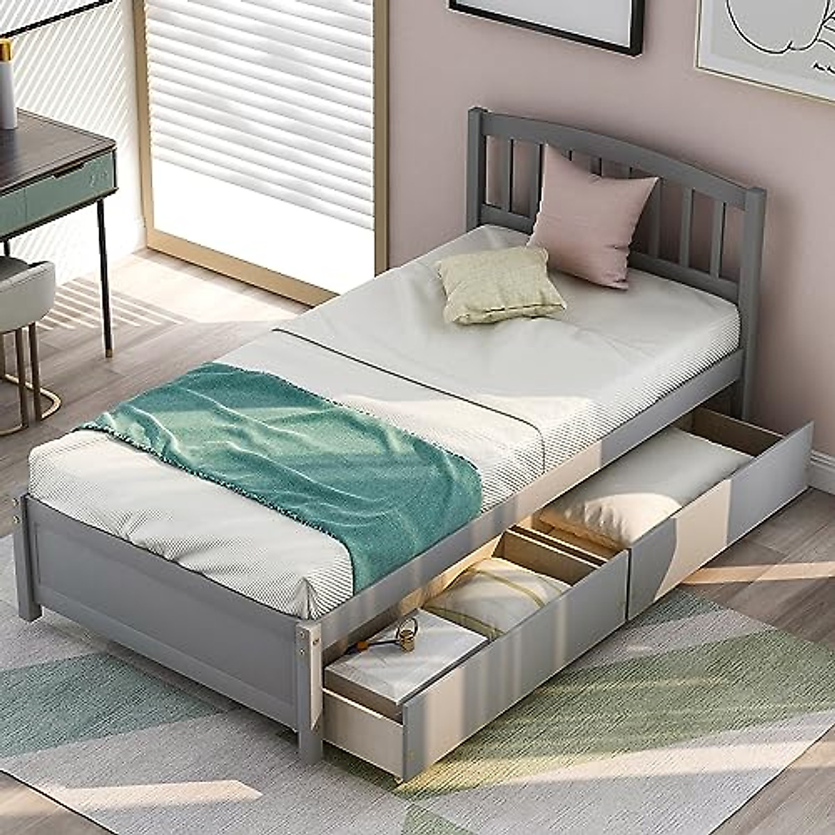 Altillo Twin Size Country Wooden Platform Bed Frames with 2 Storage Drawers/Headboard, Modern Platform Bed with Solid Wood Slat Support for Bedroom Boys Girls Adults Teens, Noise-Free (Gray)