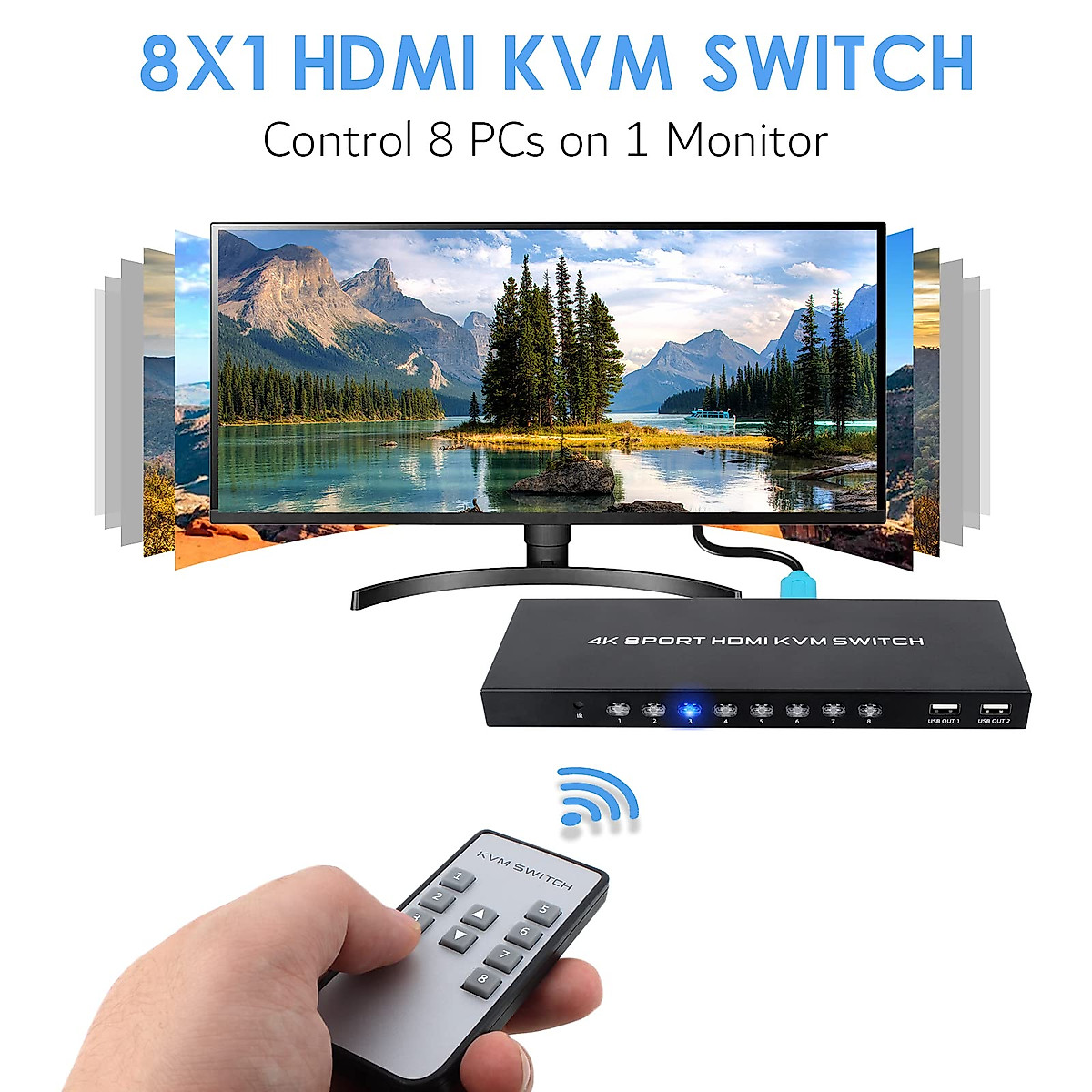 4K KVM Switch 8 Port, HDMI USB Switch for 8 Computers Share 4K@30Hz HD Monitor and 4 USB Devices, with IR Remote and 8 HDMI&USB KVM Cables