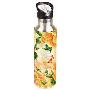 Yellow Rose Water Bottle Watercolor Reusable Leak-Proof Insulated Water Bottle BPA Free Stainless Steel Sport Water Bottle with Straw for Fitness Outdoor Hiking School 600ml