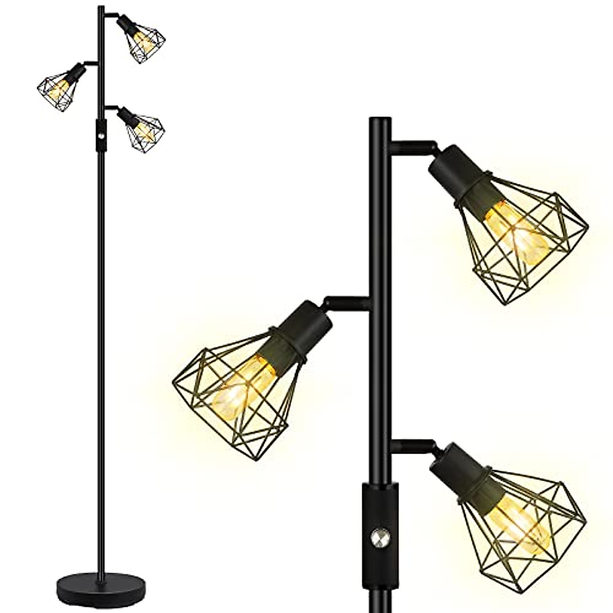 Floor Lamp, Industrial Floor Lamps for Living Room,Tree Standing Lamp Bright with 3 Charm Diamond Head 1200 Lumens Edison Bulbs LED,3 Way Switch,Modern Stand up Lamp for Bedroom Office Farmhouse