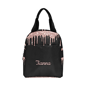 Rose Gold Drips Reusable Insulated Neoprene Lunch Tote Bag Cooler with 2 Pockets Custom Personalized Portable Lunchbox Handbag with Name for Gift
