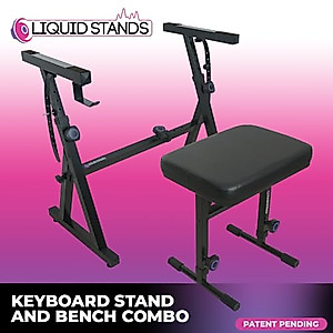 Liquid Stands Piano Keyboard Stand and Bench Set - Portable Heavy Duty Digital Piano Stand for 54-88 Key Electric Pianos & Adjustable Piano Bench, Chair, Stool - Sturdy Keyboard Music Stand and Seat